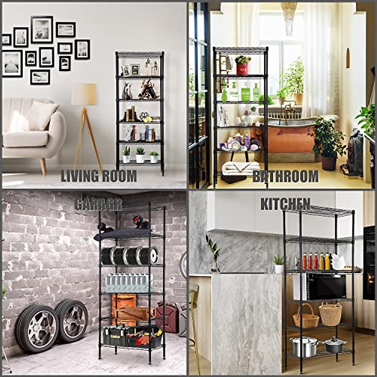 NChanmar 6-Tier Wire Shelving Unit Storage Shelves Metal Shelves 60"x23"x13" Heavy Duty Metal Storage Rack Wire Rack NSF Height Adjustable for Home Kitchen Bathroom Garage Shelving(Black)