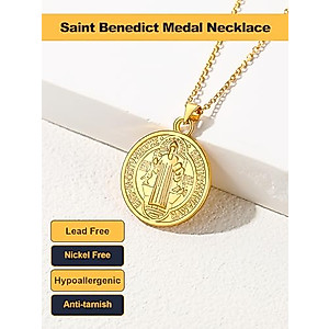 U7 Women Men 18K Gold Plated 925 Sterling Silver 1.5mm Dainty Chain & Coin Saint Benedict Pendant Necklace