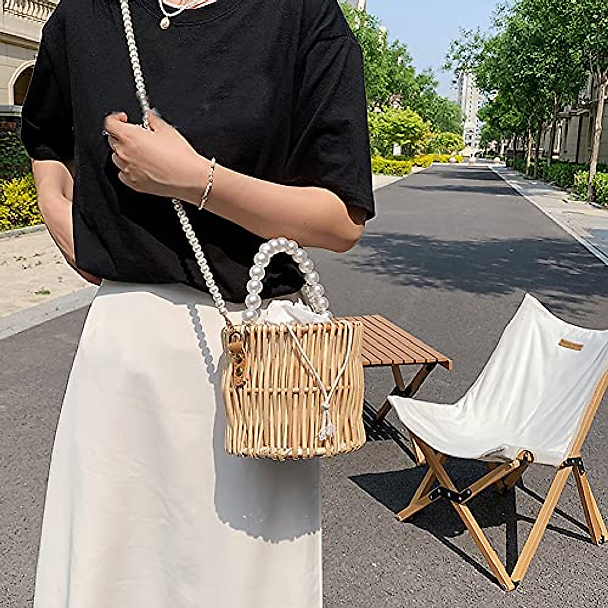 Fashion Straw Bags for Women Beach Rattan Woven Tote Handbags Ladies Summer Top-handle Bags Hobo Purse with Pearl Ornaments (E)