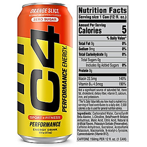 C4 Energy Carbonated Zero Sugar Energy Drink, Pre Workout Drink + Beta Alanine, Orange Slice, 16 Fl Oz (Pack of 12)