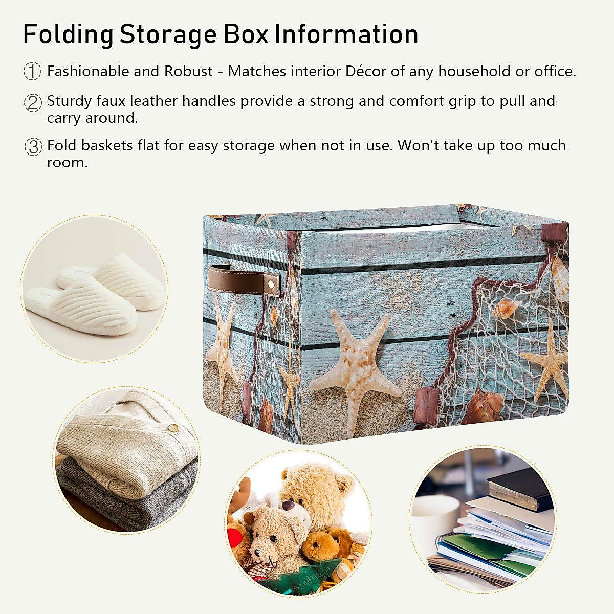 AUUXVA Summer Beach Sand Storage Basket Bin Rustic Wooden Starfish Large Fabric Toys Storage Cube Box with Handles Collapsible Closet Shelf Cloth Organizer Basket for Nursery Bedroom Bathroom
