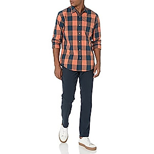 Amazon Essentials Men's Regular-Fit Long-Sleeve Casual Poplin Shirt, Navy Orange Buffalo, X-Large