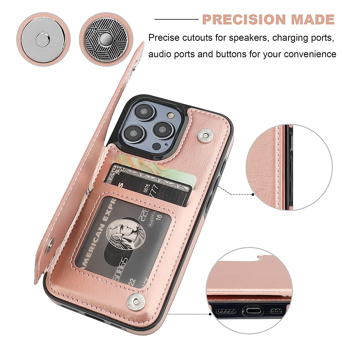 ONETOP Compatible with iPhone 14 Pro Wallet Case with Card Holder, PU Leather Kickstand Card Slots Case, Double Magnetic Clasp and Durable Shockproof Cover 6.1 Inch (Rose Gold)