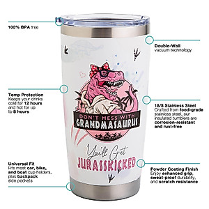 Grandma Tumbler, Dont Mess with Grandmasaurus Coffee Cup, Valentines Day Gifts for Grandma Birthday, Worlds Best Grandma Ever, Grandma Mothers Day Gifts from Grandkids Grandson, Things for Grandma