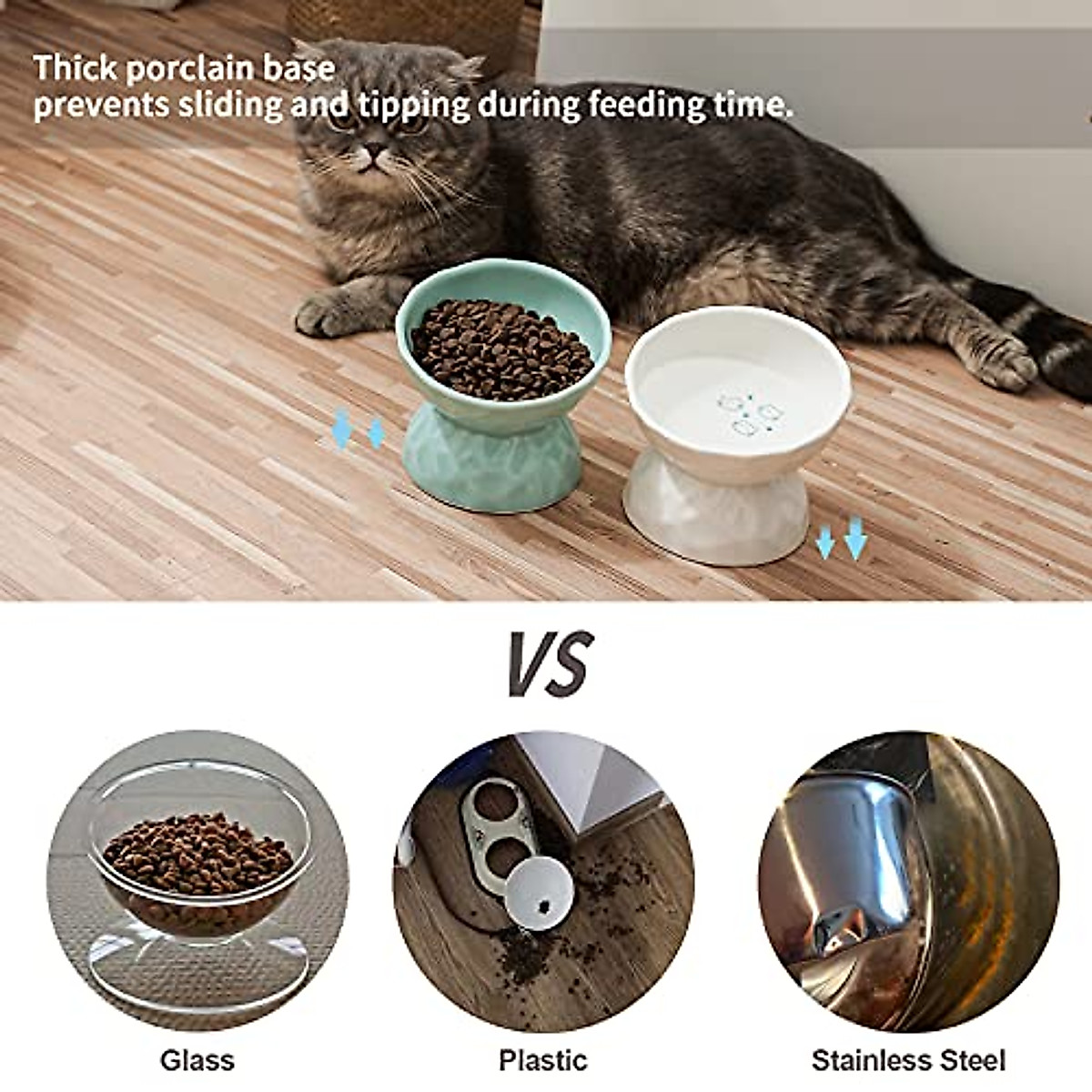 Ceramic Raised Cat Bowls, Tilted Elevated Cat Food and Water Bowls Set, Porcelain Stress Free Pet Feeder Bowl Dish for Cats and Small Dogs, Dishwasher and Microwave Safe, White & Green, Set of 2