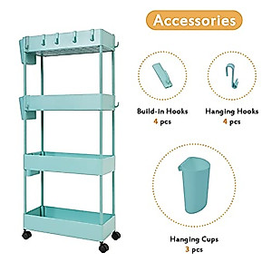 OVAKIA 4-Tier Slim Rolling Utility Cart Storage Shelves Trolley Storage Organizer Shelving Rack with Mesh Baskets/Wheel Casters for Laundry Pantry Bathroom Kitchen Office Narrow Places(Teal)