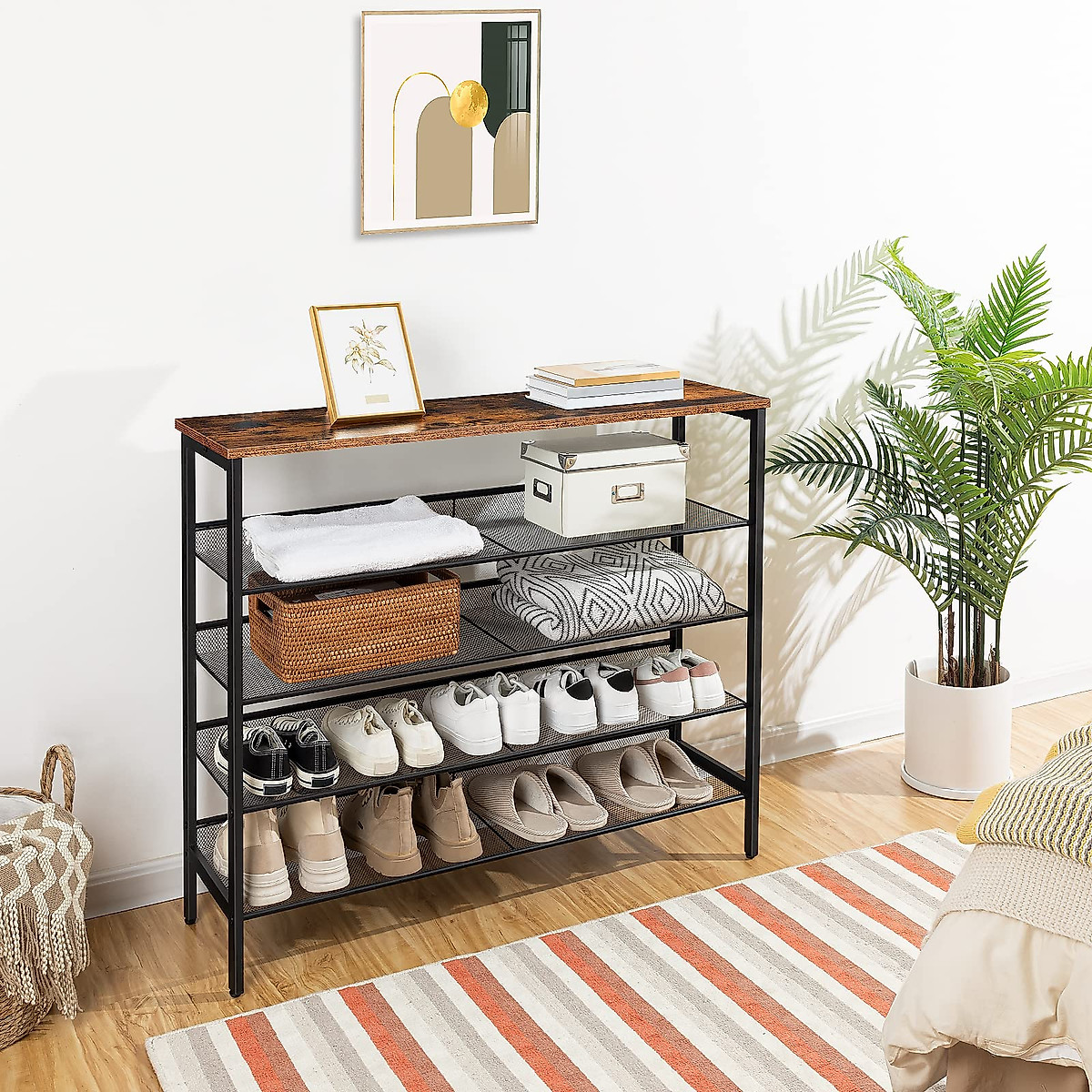 HOOBRO Shoe Rack, 5-Tier Shoe Storage Unit Flat & Slant Adjustable Shoe Organizer Shelf for 20 Pairs, Durable and Stable, for Entryway, Hallway, Closet, Dorm Room, Industrial, Rustic Brown BF101XJ01