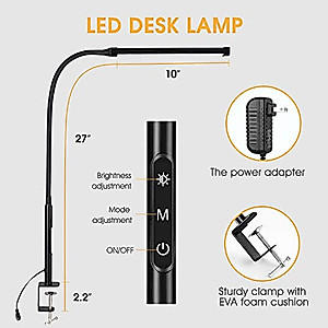 LIBORA LED Desk Lamp with Clamp, Smart Dimmable Clip Light for Home Office, 3 Modes 6 Brightness, Long Flexible Gooseneck, Eye-Caring, Architect Task Lamp with Remote & Touch Control, Black