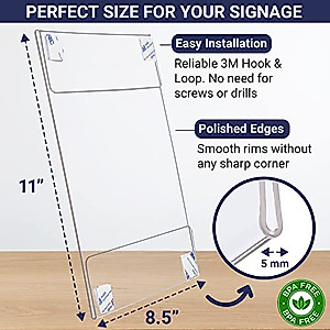 Acrylic Sign Holder with Hook and Loop Adhesive, 8.5 x 11 inches - Portrait or 11 x 8.5 inches - Landscape, Clear Wall Mount Frame, Perfect for home, office, store, restaurant (6 Pack)