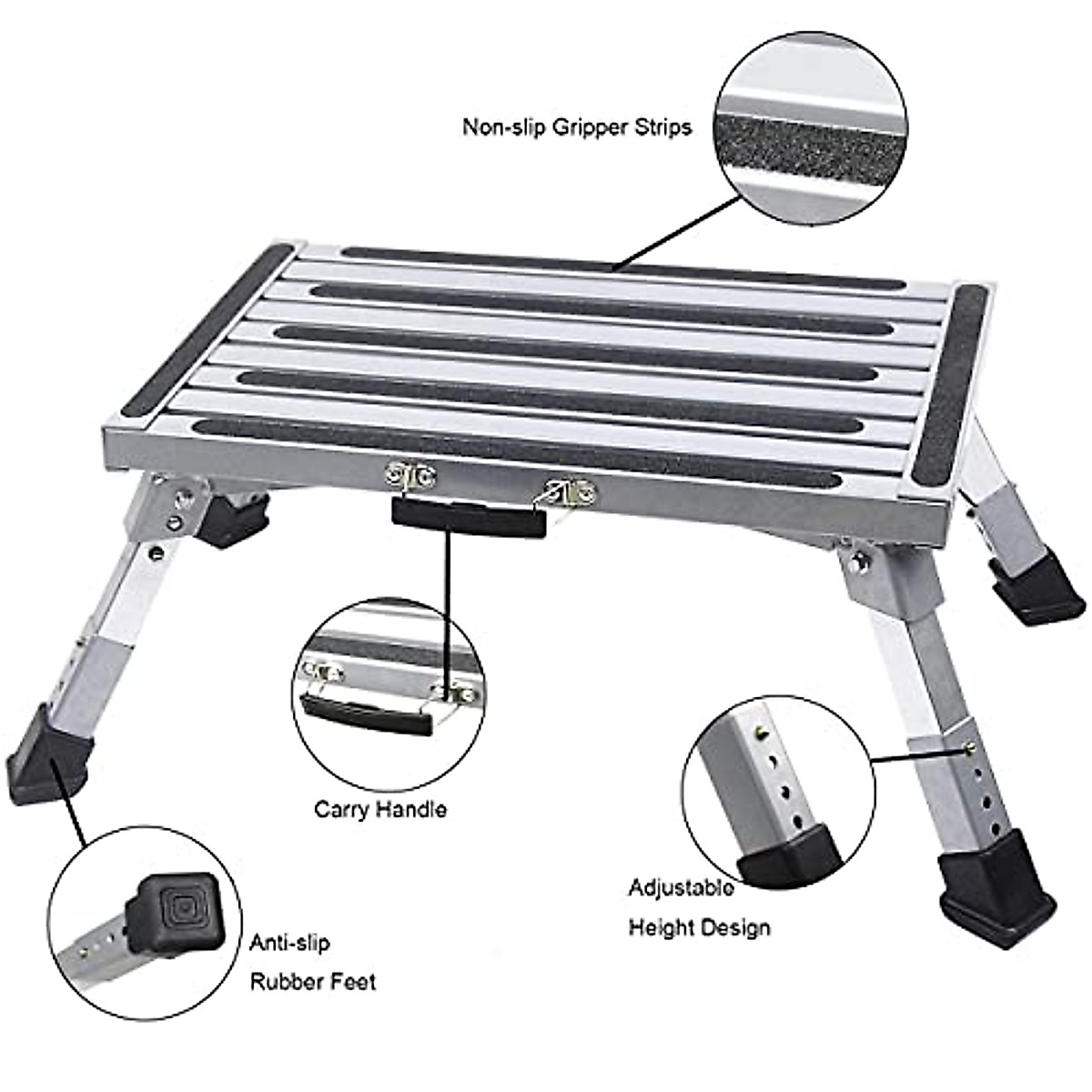 FLSEPAMB RV Steps RV Step Stool 19" x 12" Aluminum Folding Steps with Anti-Slip Surface, Rubber Feet, Grip Handle, Suitable for RV Travel, Camping, Household Use, Supports Up to 500 lbs