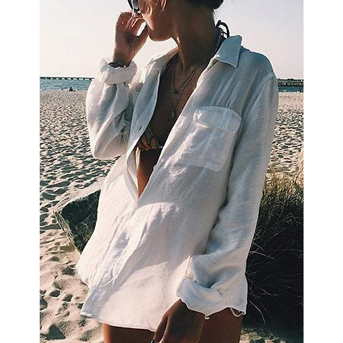 Bsubseach Long Sleeve Beach Shirt Blouses Women Turn Down Collar Bikini Bathing Suit Cover Ups Swimwear White