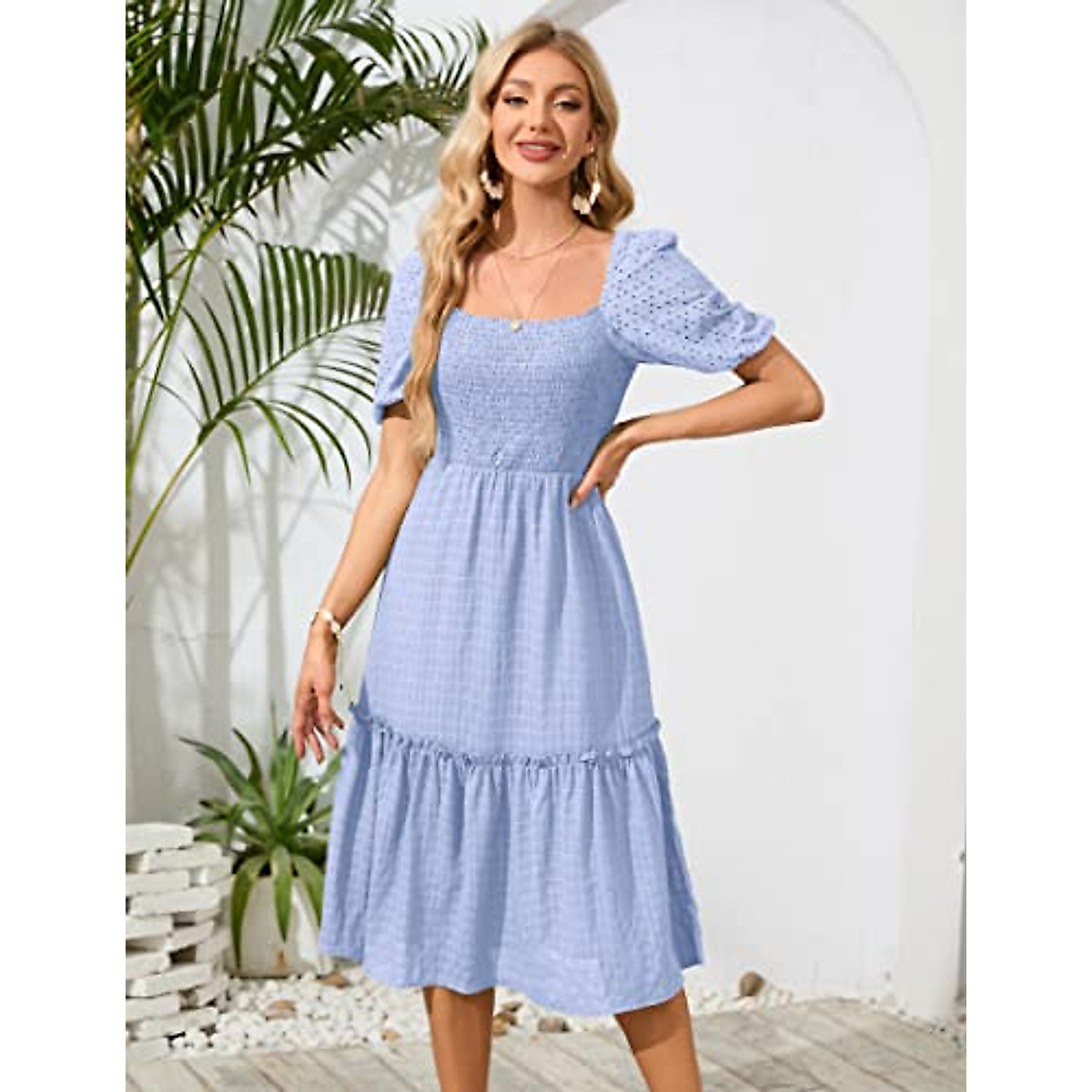MURMUREY Womens Summer Puff Short Sleeve Boho Smocked Dress Square Neck Empire Waist A Line Layered Midi Dresses