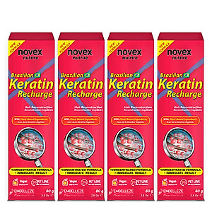 NOVEX Leave-In Conditioner - Brazilian Keratin Recharge Tube - 3 fl oz (Pack of 4) - Reconstructive Keratin, Frizz Control & Damage Repair, Ultra Concentrated Formula for Smooth and Straight Hair