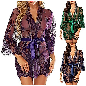 Qopobobo Women Lingerie Naughty Sexy Plus Women's Lace Kimono Robe Long Sleeve Lingerie Mesh Nightgown Dress with Belt