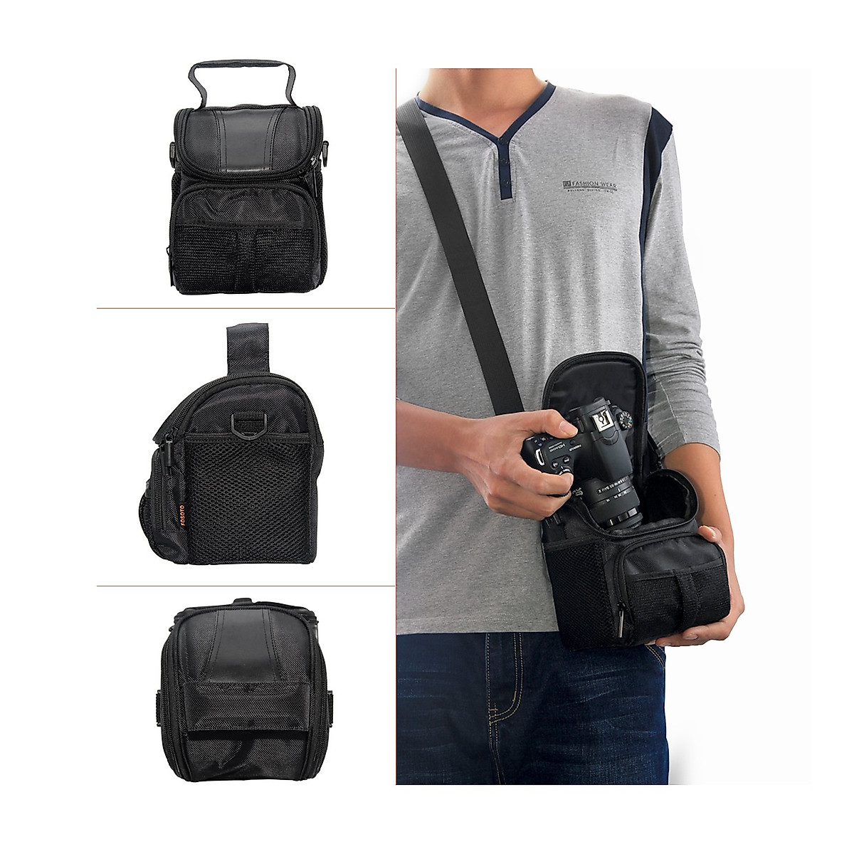 FOSOTO Waterproof (with Rain Cover) Black Camera Case Bag Compatible for Canon EOS M10 M6 M2 Mrak II M50 M100 Rebel T3i T4i T5 SL1, Nikon P600 D3300 D3400 D5100 D5300 D7200,Sony RX10M3,Olympus EM10