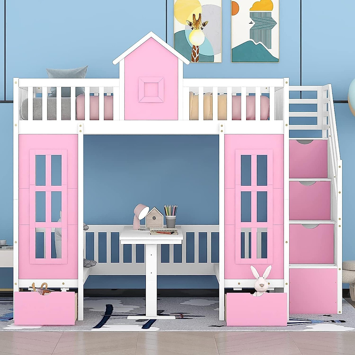 MERITLINE Full Loft Beds with Stairs and Desk, Wooden Castle Shaped Full Over Full Bunk Bed with Changeable Desk,Storage Bunk Bed with Drawers for Kids Girls Boys Teens, Pink