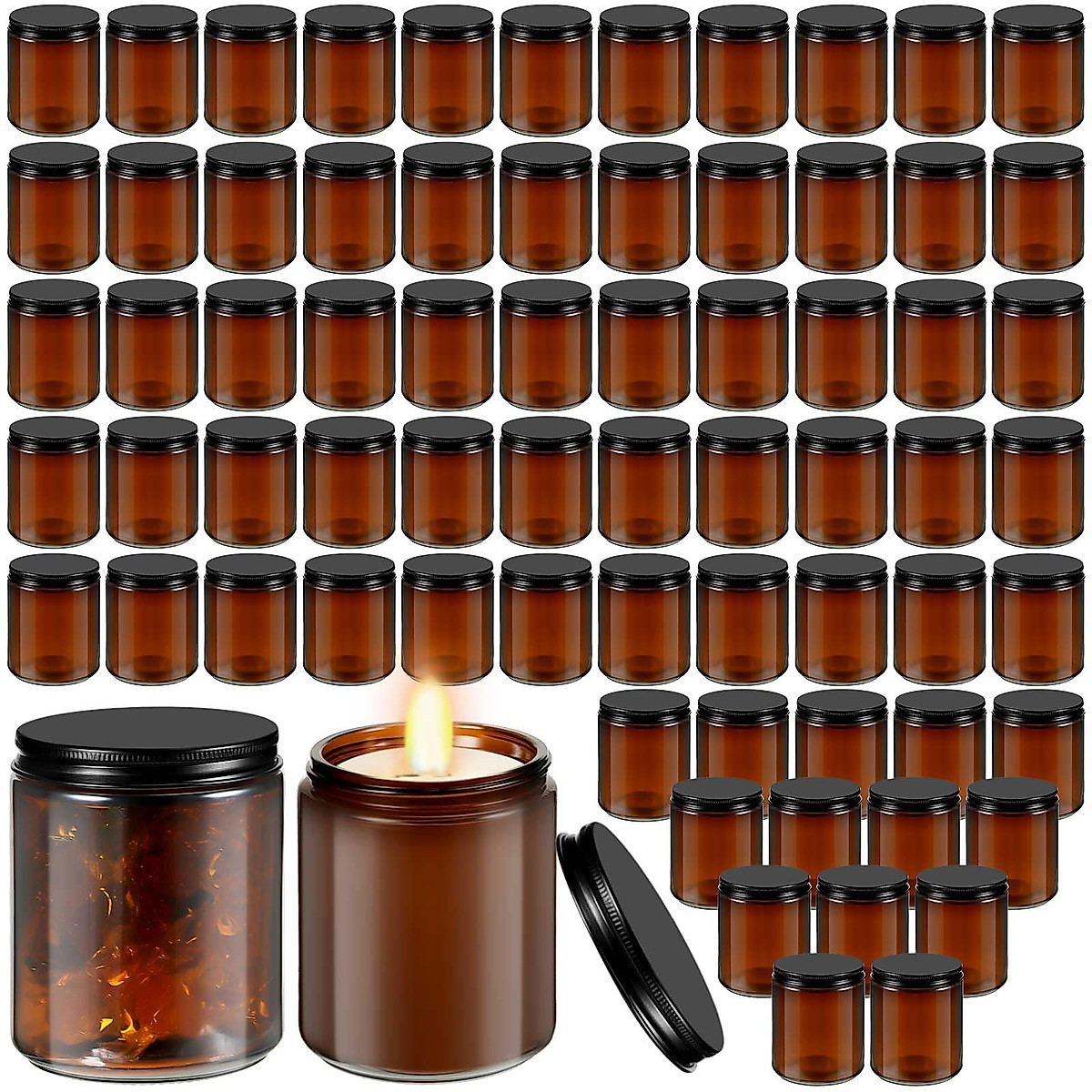 Lallisa 48 Pcs 8 oz Amber Glass Jars with Black Lids Round Glass Cosmetic Jars with Lids Empty Amber Candle Jars Refillable Food Storage Containers Canning Jar for Spice Powder Liquid Sample Makeup