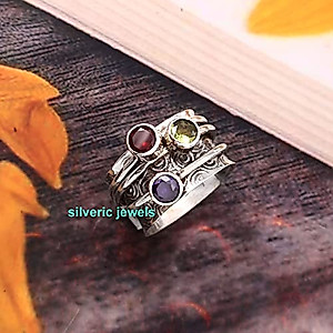 Multi gemstone Spinner ring Meditation Family Spinning Anxiety ring 925 sterling silver ring silver jewelry (12)