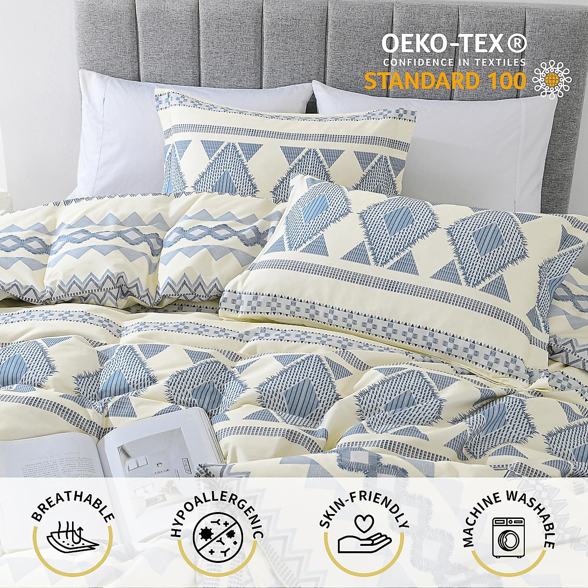 Y-PLWOMEN Duvet Cover King - 100% Cotton Duvet Cover King Size, Aztec Geometric Comforter Cover Set, Breathable and Soft Bedding Duvet Covers for All Season,Light Blue, 104"x90", No Comforter