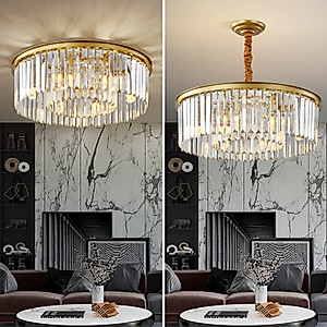 Laiuetai Gold Modern Crystal Chandelier, 2-Tier Round Flush Mount Ceiling Light Fixtures Height Adjustable Pendant Lighting for Dining Room Living Room Bedroom Kitchen Hotel Foyer