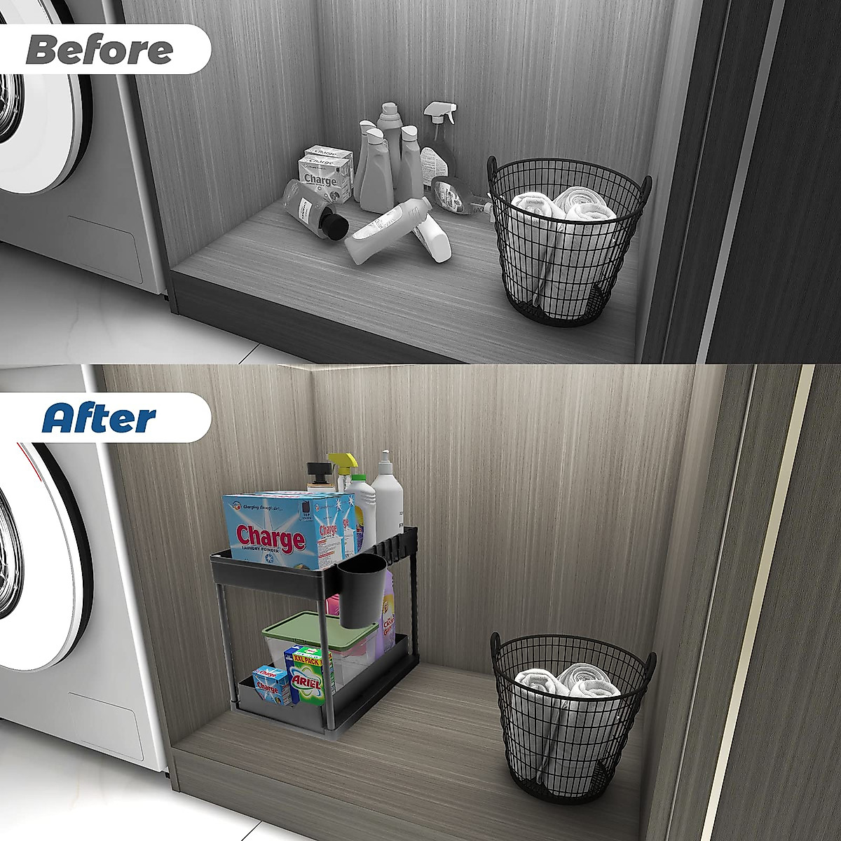 Under Sink Organizers and Storage, Under Sink Storage, 2 Tier Under bathroom Sink Organizer, Sliding Drawer Under Sink Storage for Kitchen with 4 Hooks & 1 Hanging Cup,Multi-purpose Organizer（Black）