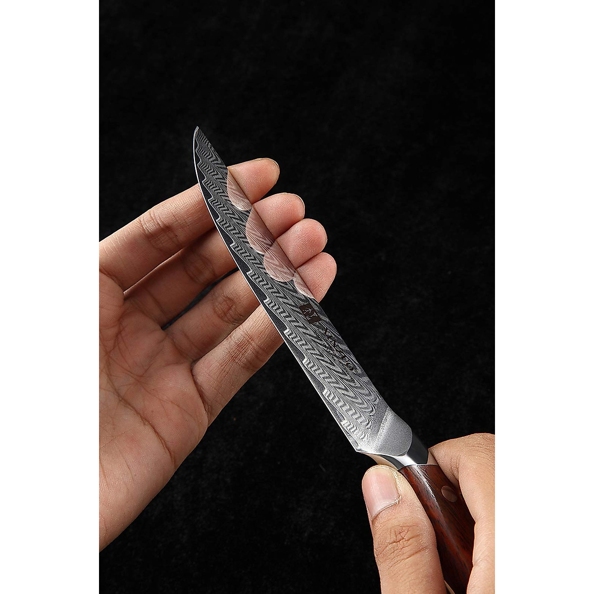 XINZUO Damascus Steel 4Pcs Steak Knife Set, 5 Inch Premium Dinner Knife Set Sharp Kitchen Table Knives -Straight Edge Blade -Triple Rivet -with Gift Box -Ergonomic Rosewood Handle-Yi Series