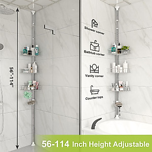 Shower Caddy Corner Tension Pole,Stainless Steel Adjustable Floor to Ceiling Corner Shower Caddy Stand for Bath Inside Shower Organizer Storage with Tension Pole,Rust-Resistant, 54 to 125 Inch