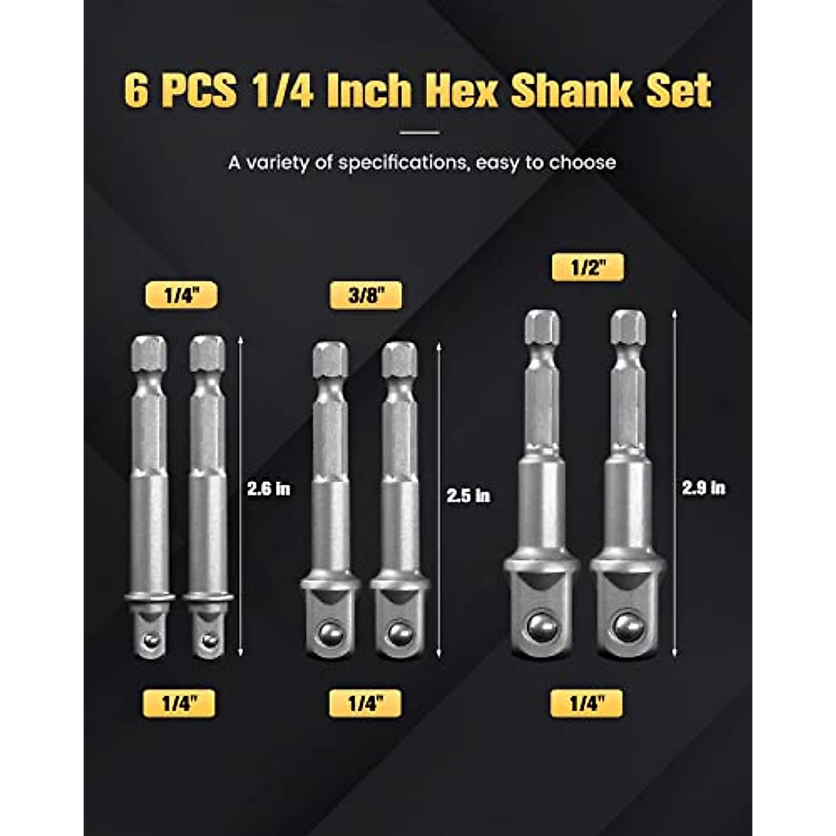 BOEN Impact Grade Socket Adapter Set, 6-PCS Drill Bit Adapter with Bit Holder, Sizes 1/4", 3/8", 1/2", 1/4-Inch SAE Hex Shank, Cr-V, for Cordless Drill & Screwdriver, Power Drill & Driver