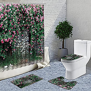 AXISRC Retro Metal Mirror On Stone Wall Shower Curtains 4Pcs Sets 3D European Style Bathroom Set Curtain Rugs Toilet Lid Cover Bath Mat  71x71inches