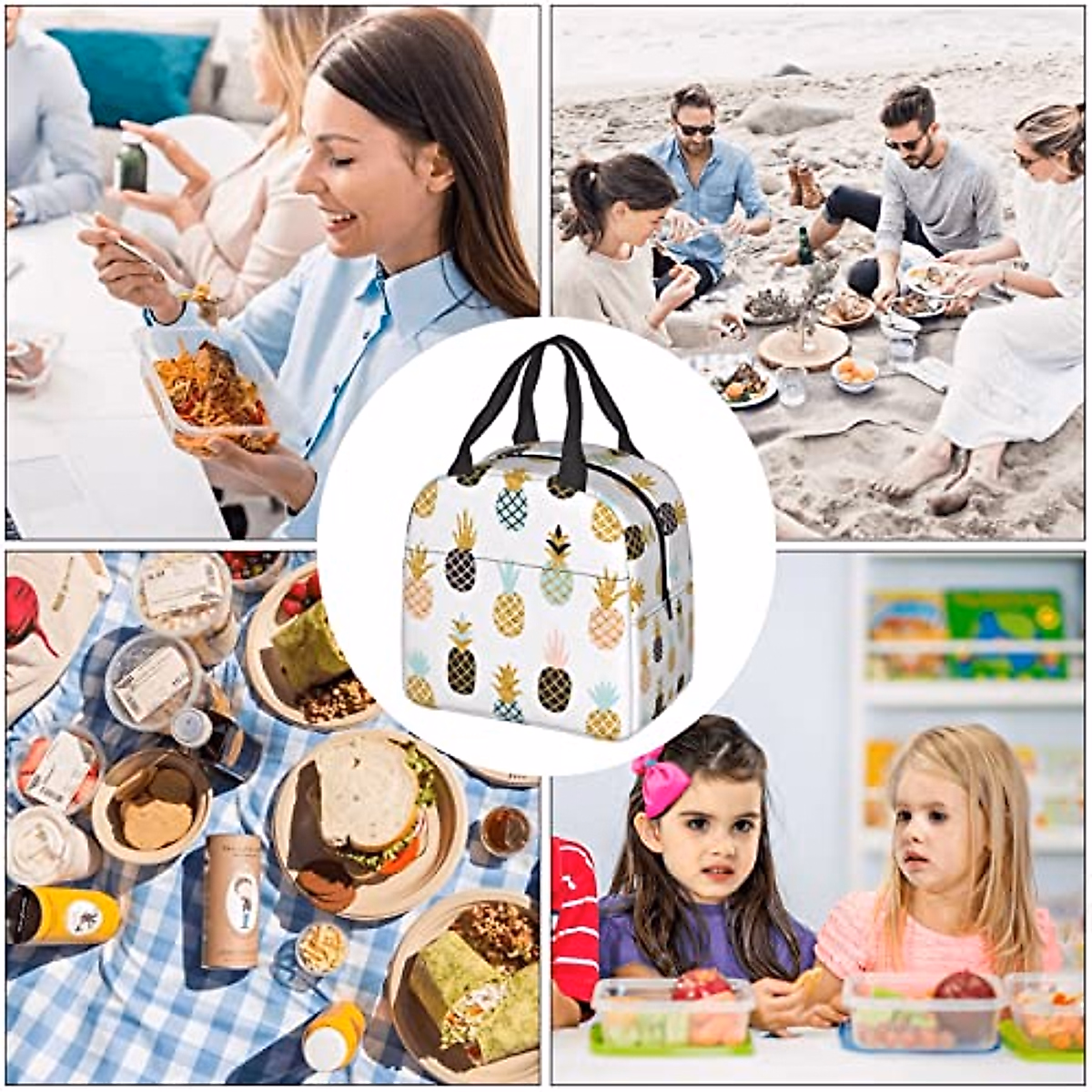 Echoserein Cute Pineapple Stylish Glitter Lunch Bag For Women Girls Insulated Lunch Box Reusable Lunchbox Waterproof Portable Lunch Tote