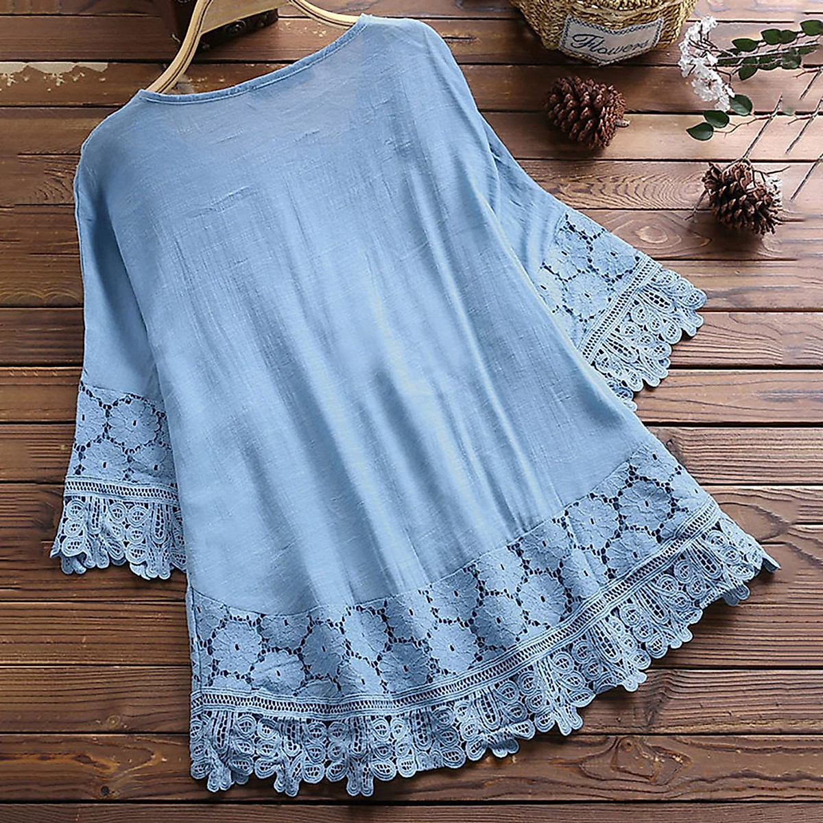 Womens 3/4 Sleeve Shirts Casual Bow V Neck Lace Tops Blouse Fashion Boho Shirts for Women