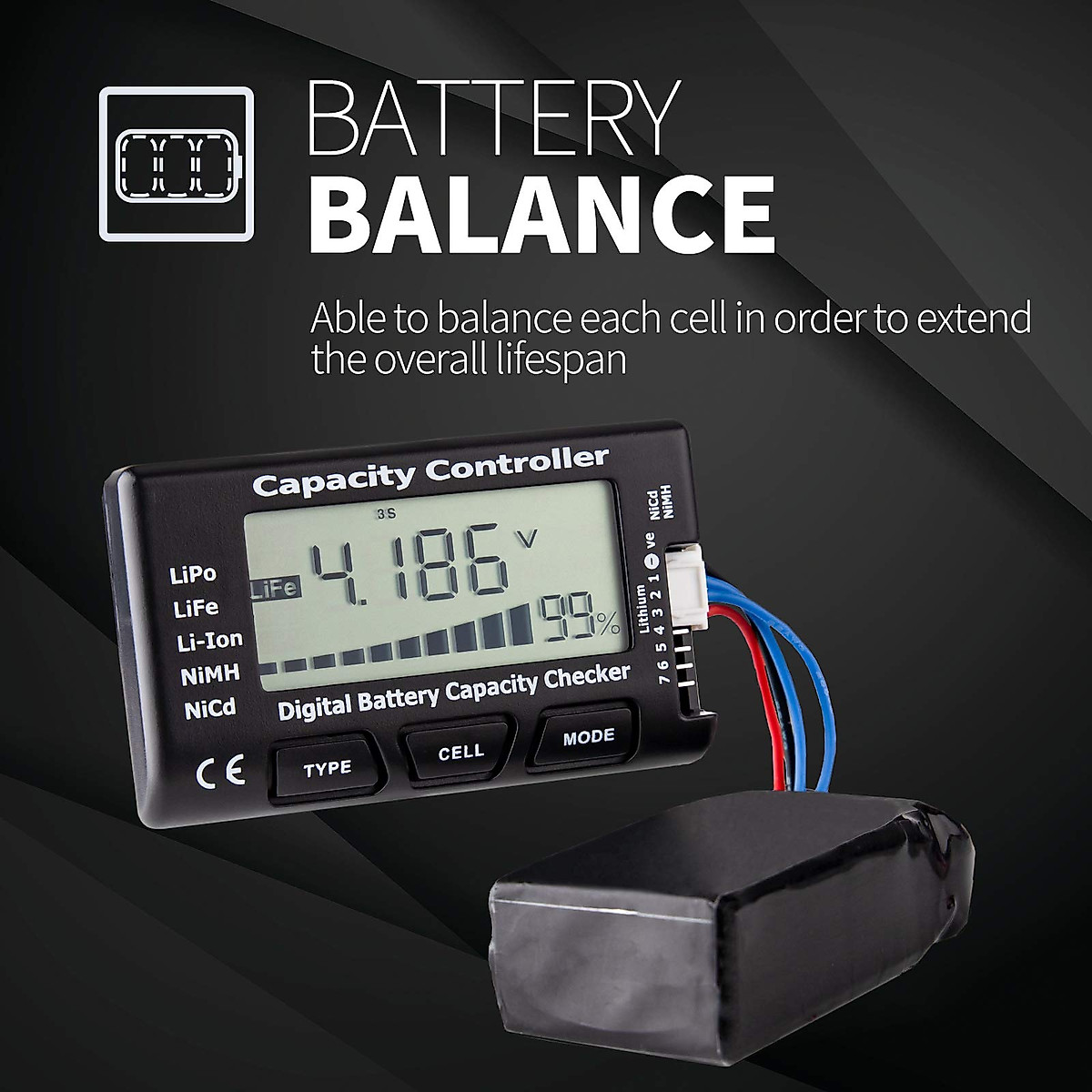 Digital Battery Capacity Tester, Battery Capacity Voltage Checker Controller Tester with LCD for LiPo Life Li-ion NiMH Battery