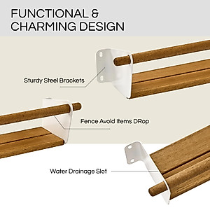 THYOI Set of 2 Acacia Wood Floating Wall Shelves, 15"x0.8"x2.7" Wall Mounted Storage Shelf, Hanging Organizer Shelf for Kitchen, Bathroom, Living Room.(Natural Color, White Metal Guardrail)