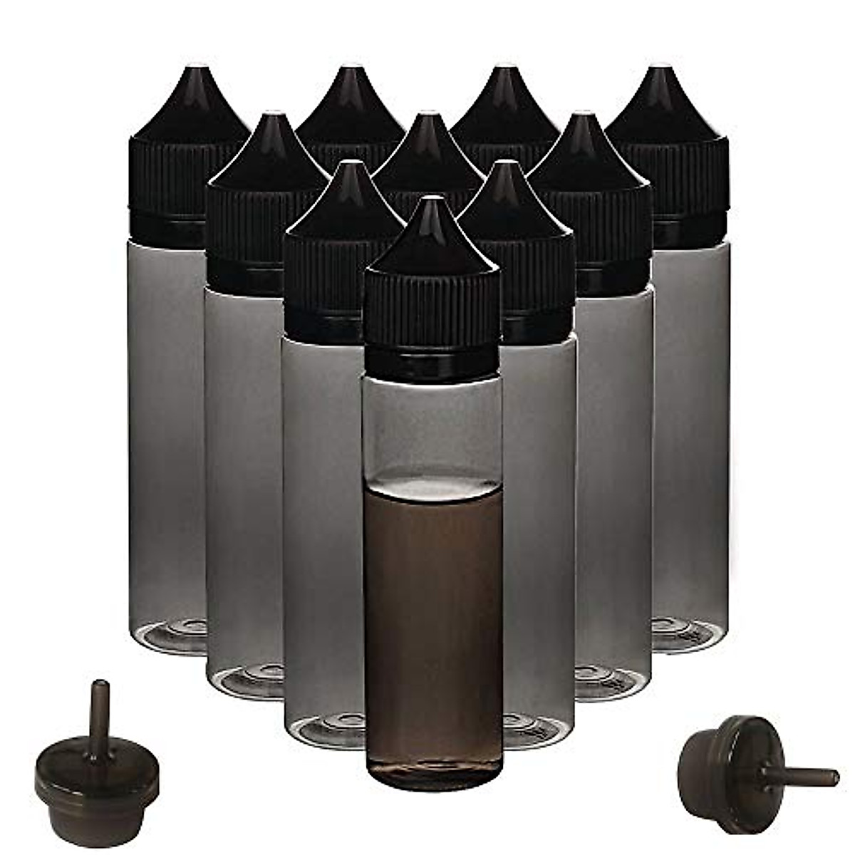 11pcs empty bottle ,10pcs 60ml PET dropper bottle,1pcs 120ml needle bottle with 10pcs Gift Sticker Labels (black-trans + black cap)