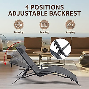 VARVIND Patio Chaise Lounge Chair Set of 3,Aluminum Outdoor Lounge Chair with Headrest,Sunbathing Lounger,Pool Tanning Chairs,Armrest Recliner Chiar with Side Table for Beach,Garden，Lawn(Grey)