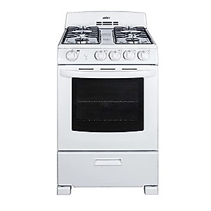 Summit RG244WS 24"" Freestanding Gas Range with 2.9 cu. ft. Oven Capacity Electronic Ignition High Backguard Broiler Drawer Continuous Grates and Safety Brake System for Oven Racks in White