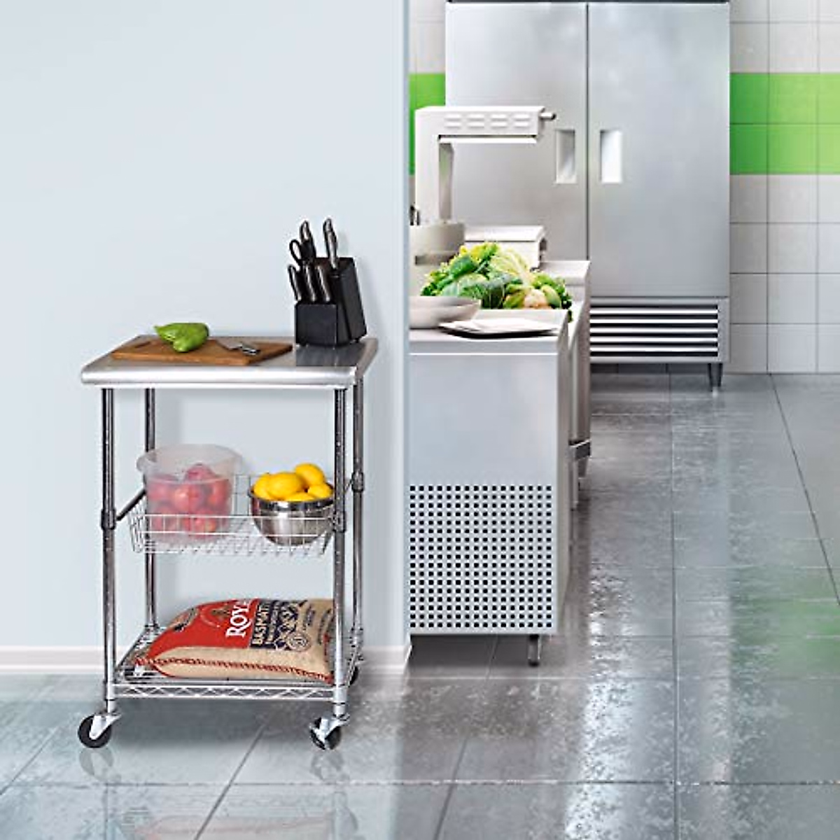 Seville Classics NSF Commercial Stainless Steel Top Work Table Island Utility Cart Prep Station, 78 for Restaurant, Kitchen, Warehouse, Garage, Hotel, Home, 55 Steel, 24" W x 20" D x 36" H