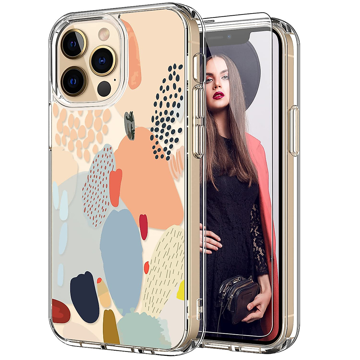 ICEDIO for iPhone 13 Pro Max Case with Screen Protector,Slim Fit Crystal Clear Cover with Fashionable Designs for Girls Women,Protective Phone Case 6.7" Multi-Colored Cactus