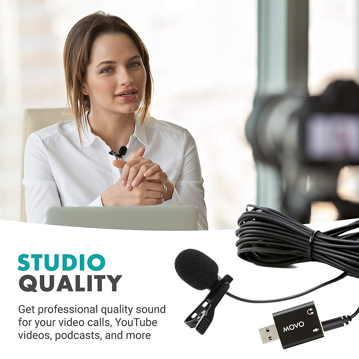 Movo LV1-USB Lavalier Microphone for Computer, Lapel Microphone for iPhone and Android Smartphones, Lav Mic, Clip on Microphone for 3.5mm, USB, Laptop, Desktop, PC, Mac, Cameras, Podcasting, YouTube