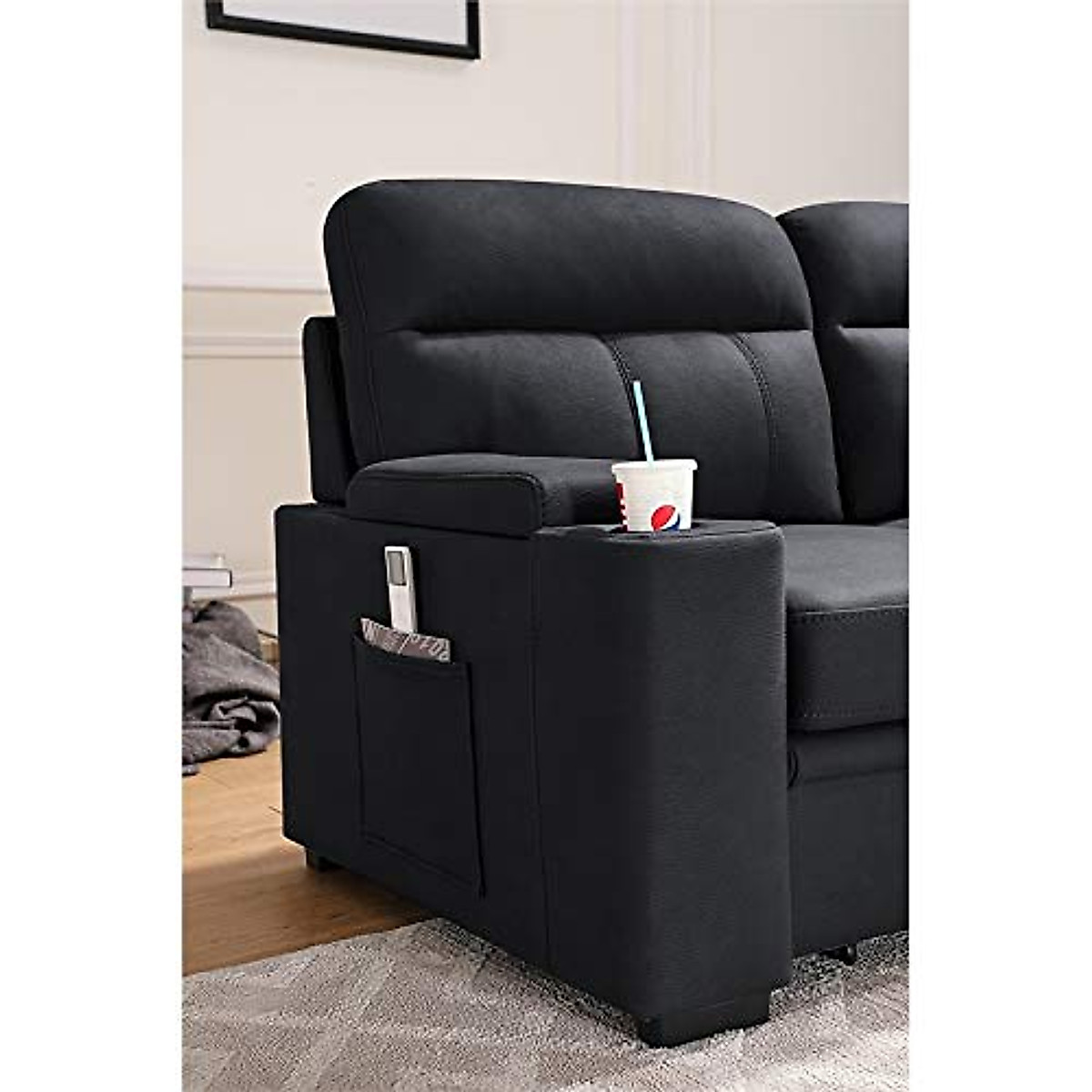 Lilola Home Kaden Black Fabric Sleeper Sectional Sofa Chaise with Storage Arms and Cupholder