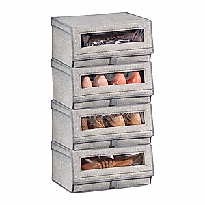 mDesign Large Fabric Closet Shoe Storage Box w/Clear Window - Shoe, Sandal, Sweater, Linen, Clothes Organizer - Boot Storage Solutions - Shoe Bin - Lido Collection, 4 Pack, Gray