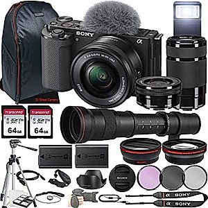 Sony ZV-E10 Mirrorless Camera w/E PZ 16-50mm f/3.5-5.6 OSS Lens + E 55-210mm f/4.5-6.3 OSS Lens + 420-800mm f/8.3 HD Lens + 2X 64GB Memory, Case, Filters, Tripod, More (35pc Bundle)