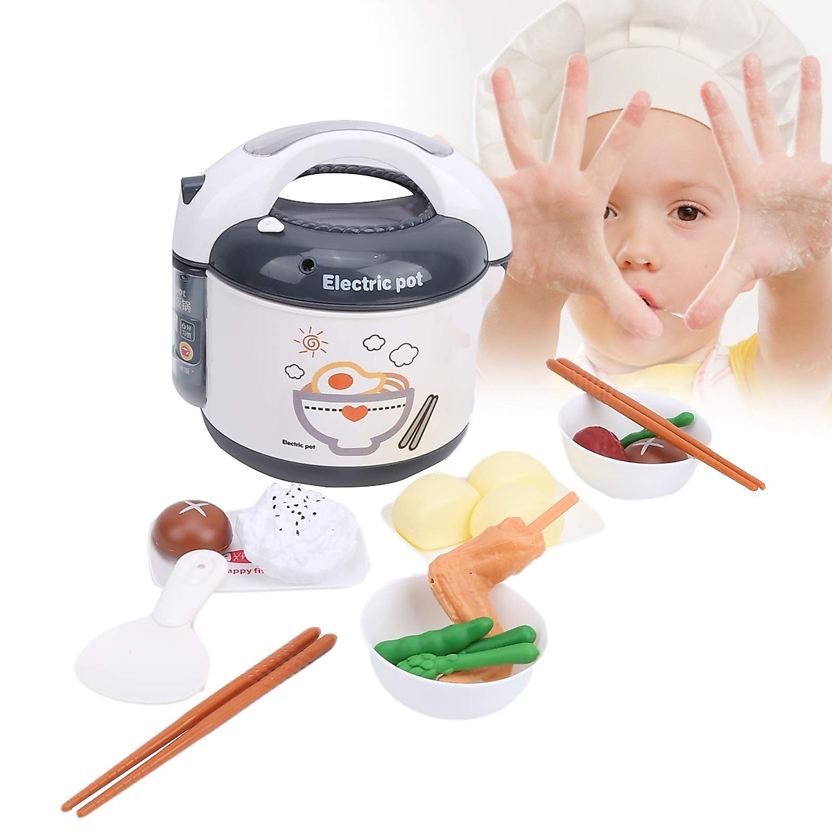 Kids Rice Cooker Toy, Kitchen Playset Pretend Play Chef Appliances Preschool Childhood Educational Toy Kitchen Fun Cuttable Food Toys(Grey)