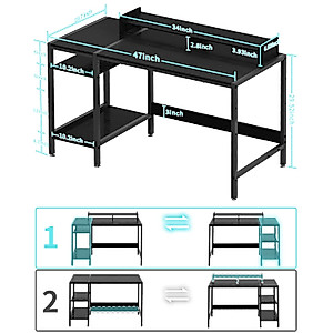 MINOSYS Computer Desk - 47” Gaming Desk, Home Office Desk with Storage, Small Desk with Monitor Stand, Storage Space-Savor, Modern Table, Black.