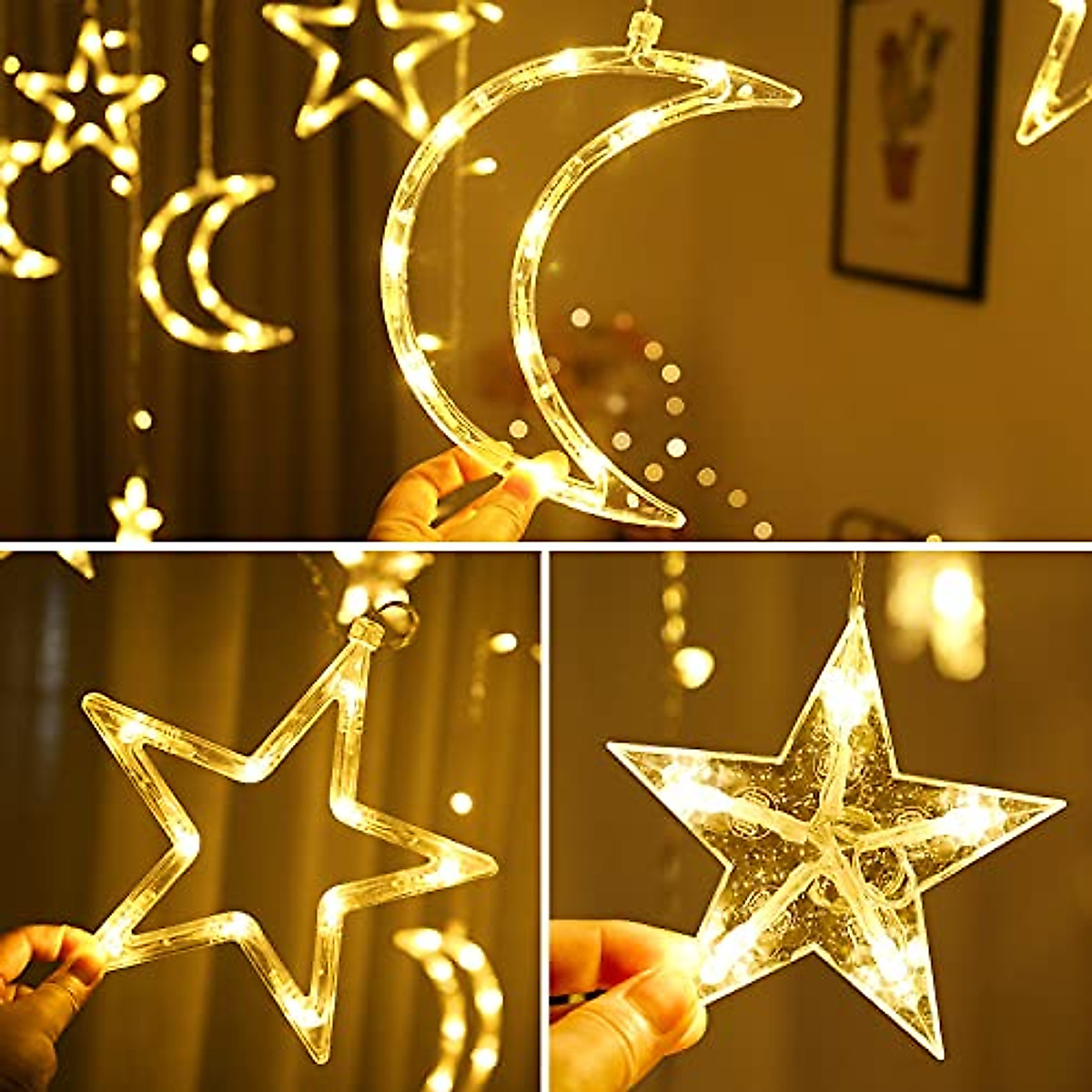 Techip Solar Lights Outdoor Moons Stars Lights 138LED Solar Powered String Lights Outside Waterproof Patio Lights Decor for Ramadan Porch Window Backyard Tent Garden,Warm White Lights with Remote