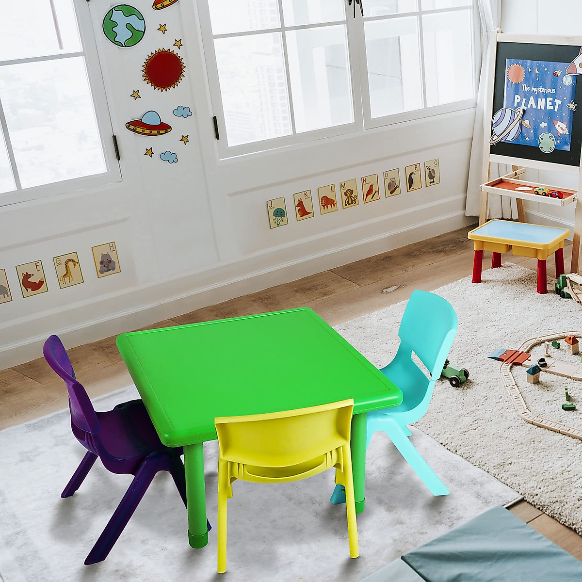 Plastic Classroom Table 24'' Square Height Adjustable Activity Table Classroom Furniture Waterproof Activity Desk for Kids Preschool Daycare School (Green)