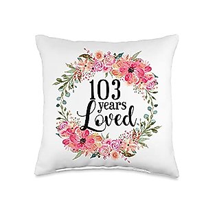 Floral 90 Years Loved Mom Grandma Birthday Gift Floral Loved 103 Year Old Grandma 103rd Birthday Throw Pillow, 16x16, Multicolor