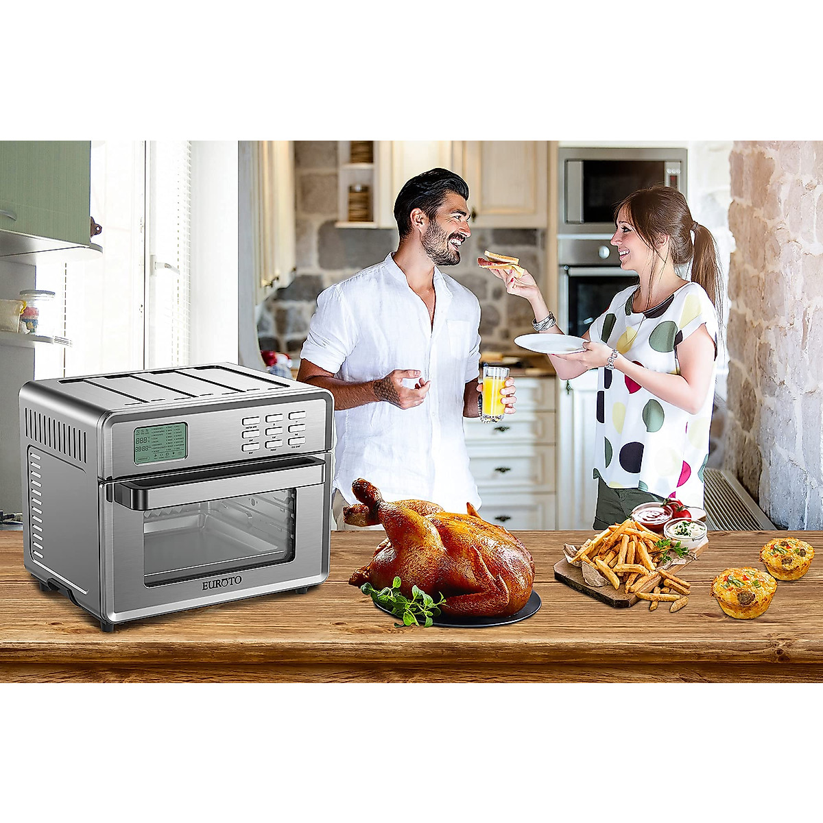 EUROTO Stainless Steel Large Capacity 26.8 QT Air Fryer Oven, 24 in 1 Multi-function, 360 Air Circulation Toaster Oven, LCD digital Display, 4 Layer Shelves, Included Oven Gloves & Apron Up to 450°F