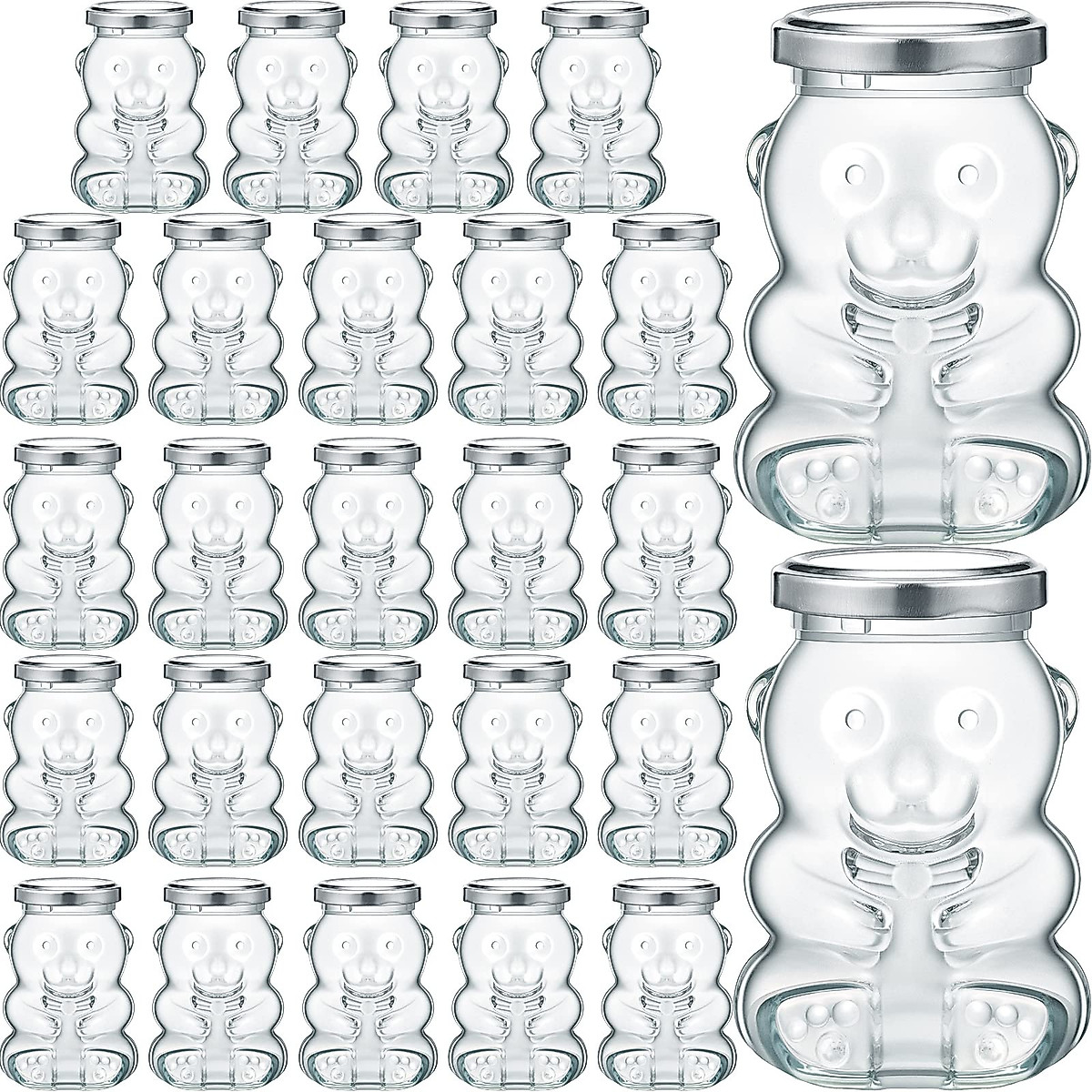 24 Pack 6 oz Glass Honey Bear Jars Glass Honey Bottles with Silver Lids Reusable Small Bear Shaped Jars Honey Bear Bottle Containers Dispenser for Candies, Baby Shower, Wedding Party Favors