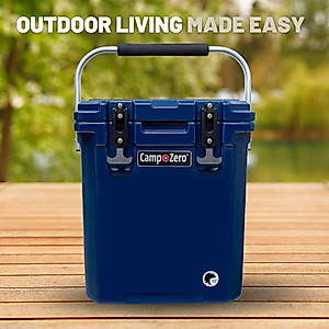 CAMP-ZERO 16L Tall Cooler/Ice Chest with 2 Molded-in Cup Holders & Folding Aluminum Handle | Thick Walled, Freezer Grade Cooler with Secure Locking System & Removable Divider (Navy Blue)